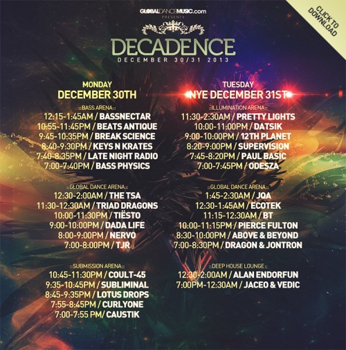 Decadence NYE 2013 Schedule and Preview